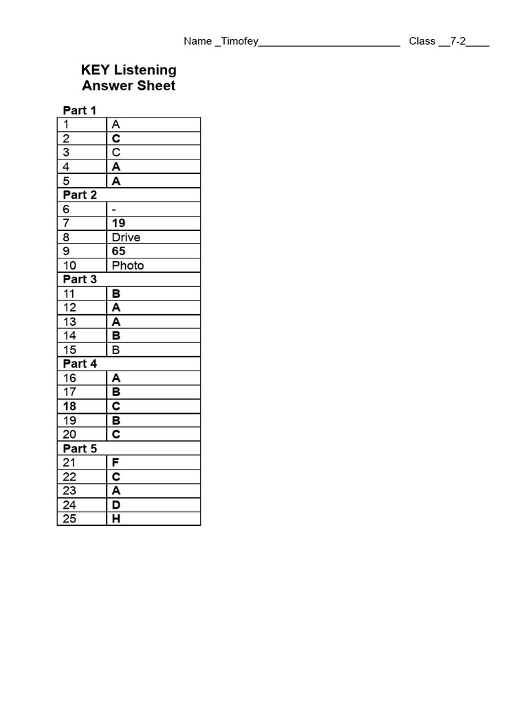7-2 Listening Answer Key | PDF
