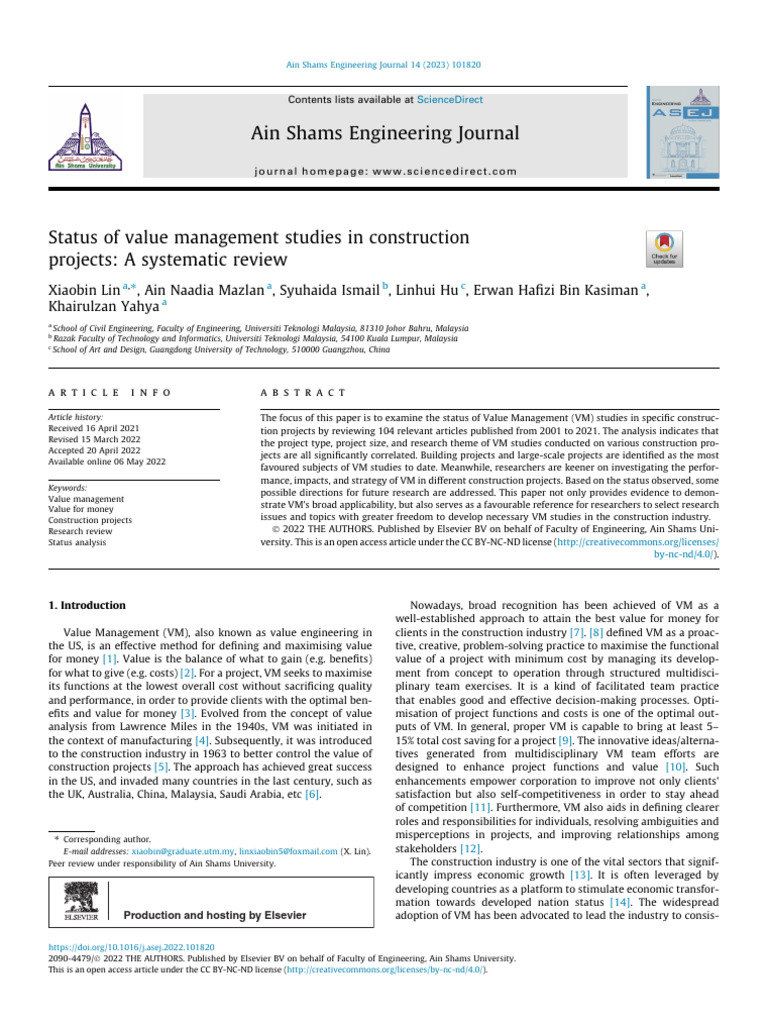 Status of Value Management Studies in Construction Projects (A ...