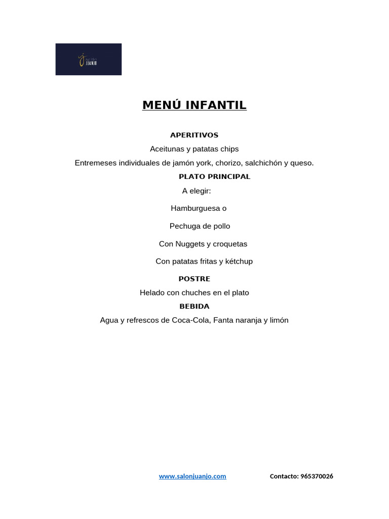 Menú Infantil: Aperitivos y Platos Principales | PDF