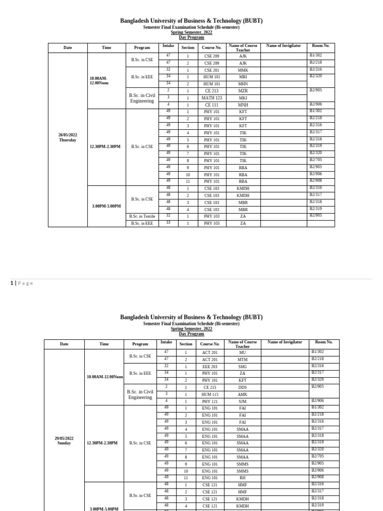 Semester Final Exam Schedule-Spring 22 26-05-2022-CSE, EEE, CIVIL and Textile-Regular-Day ...