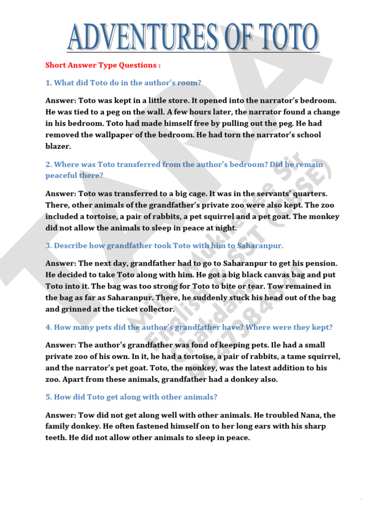 Adventures of Toto Class 9 Extra Question Answer (1) (1) | PDF | Pet ...