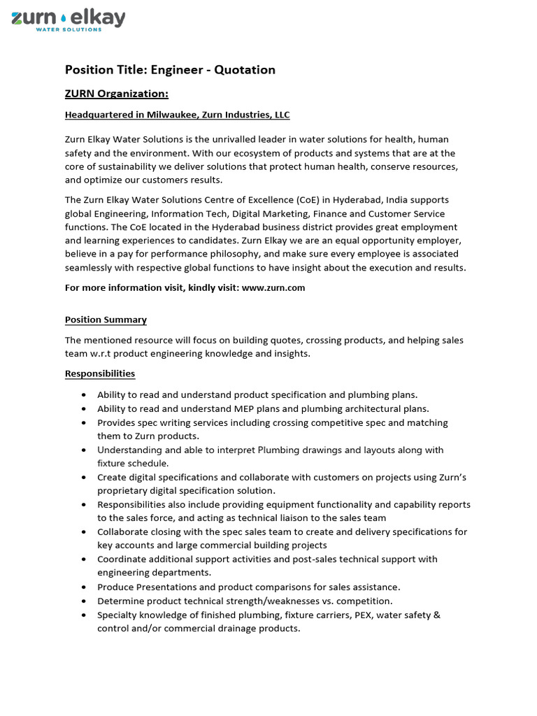 Quotation Engineer - Job Description-2024 | PDF | Business