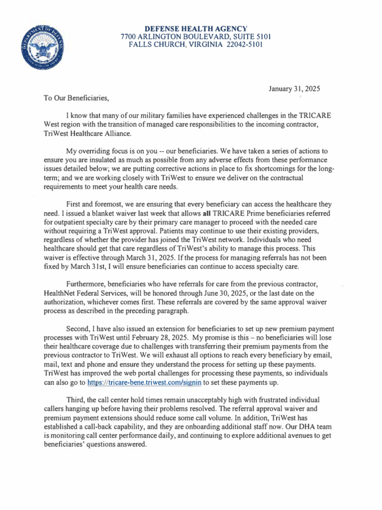 TRICARE Letter To Beneficiaries | PDF | Health Care | Public Services