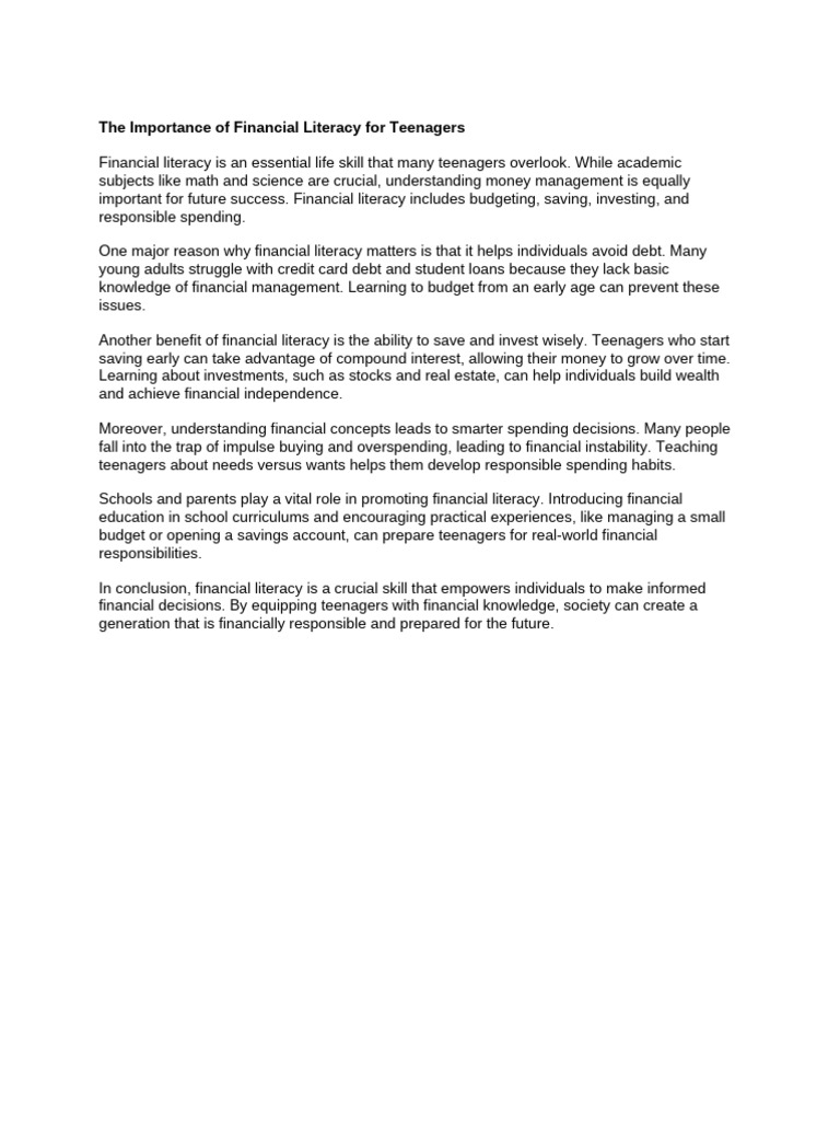 The Importance of Financial Literacy For Teenagers | PDF