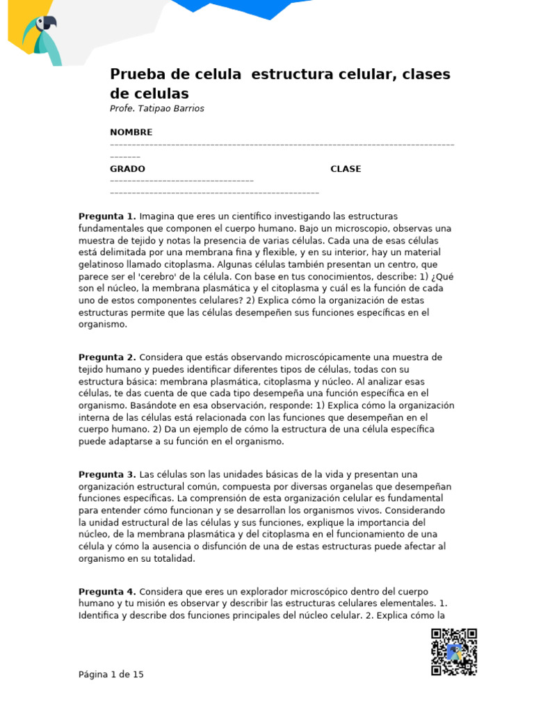 Prueba de Celula Estructura Celular, Clases de Celulas | PDF | Biología ...