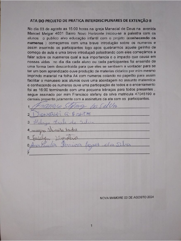 Ata Projeto Extensão I II III ATIVIDADES PRATICAS | PDF