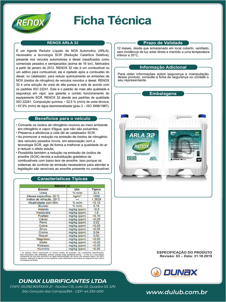 RENOX ARLA 32 - Ficha Técnica - CDR | PDF | Diesel | Poluição do ar