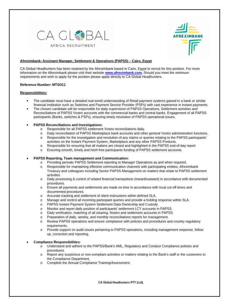JD Assistant Manager Settlement Operations PAPSS | PDF | Regulatory ...