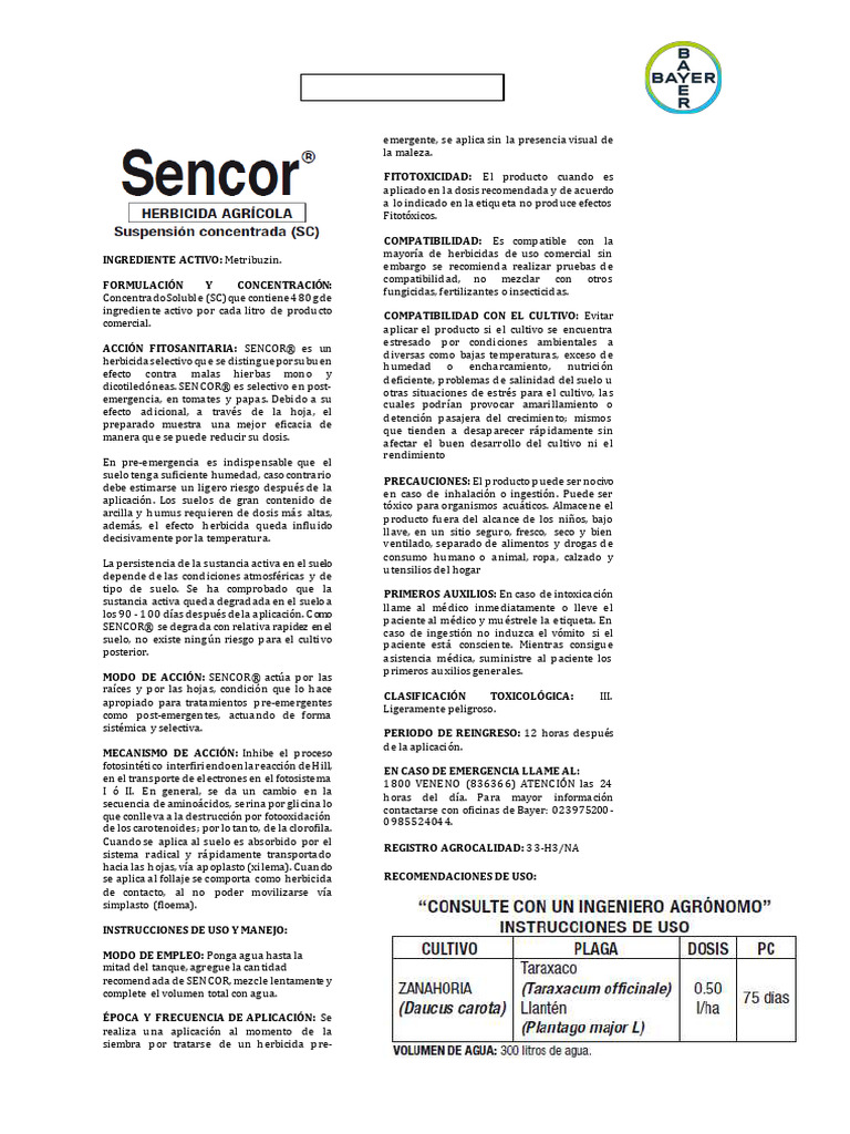 Sencor 480 SC Bayer Ficha Tecnica Ecuador | PDF | Suelo | Herbicida