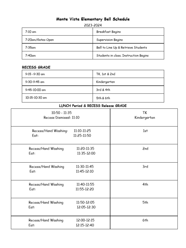 Monte Vista Elementary - 2023-24 Bell Schedule | PDF
