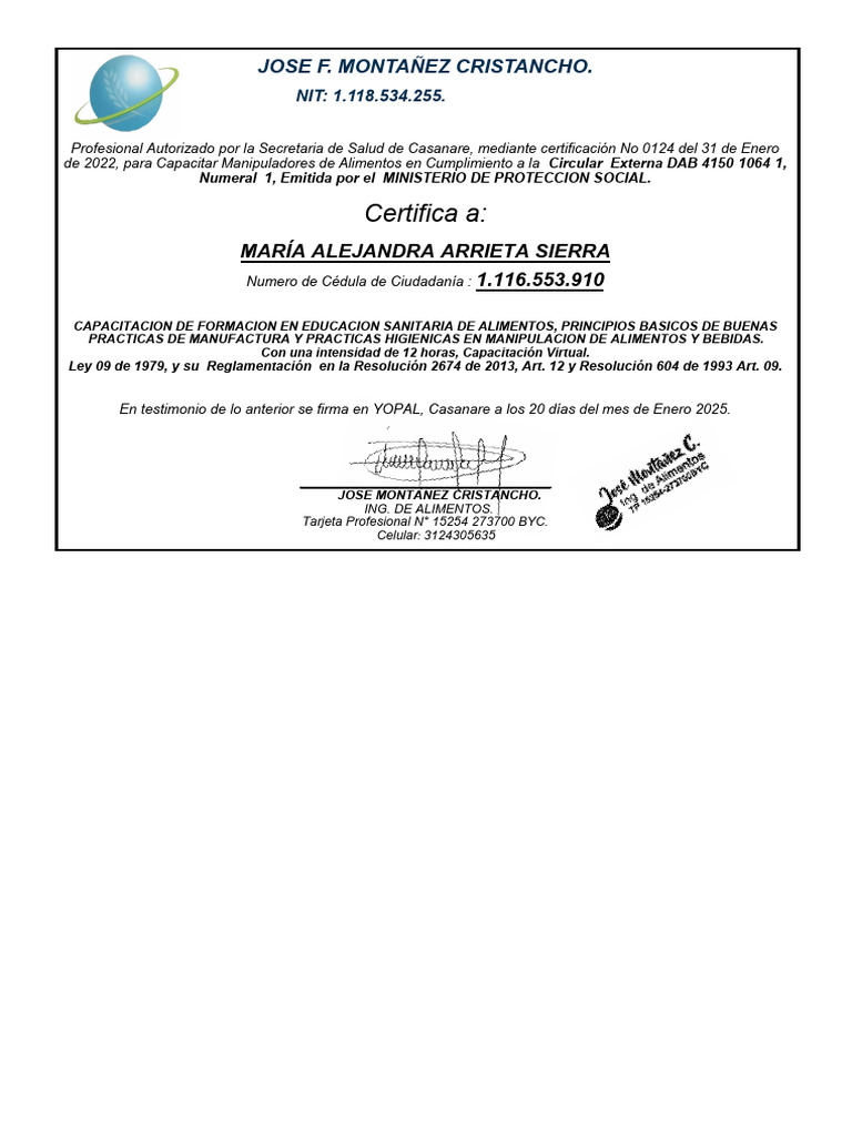 Certificado Manipulación de Alimentos ALEJANDRA | PDF