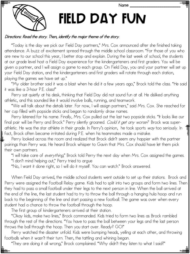 Field Day Fun: Directions: Read The Story. Then, Identify The Major ...