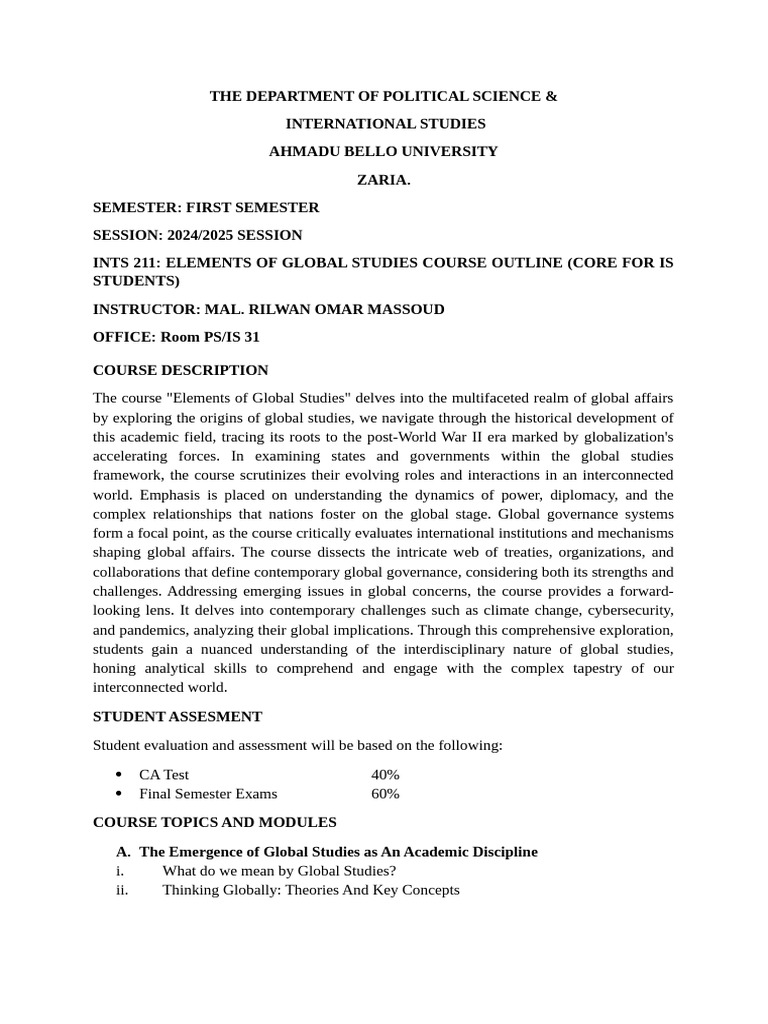 Ints 211 Elements of Global Studies Course Outline | PDF | Human ...