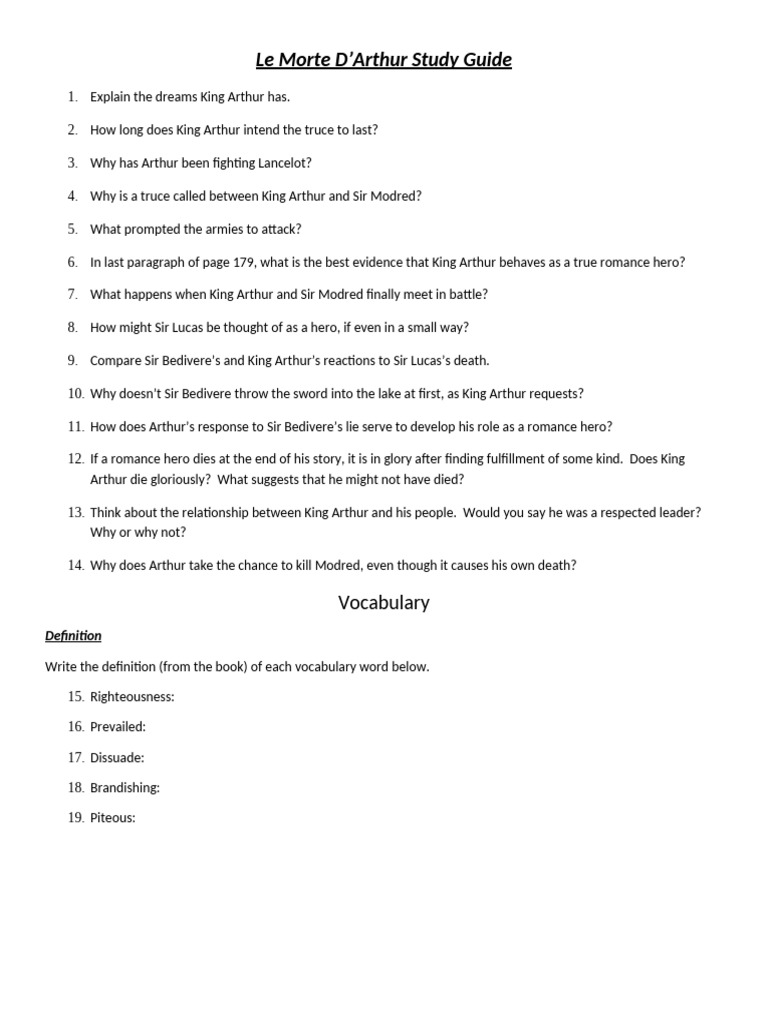Le Morte D'Arthur Study Guide | PDF | King Arthur | Chivalric Romance