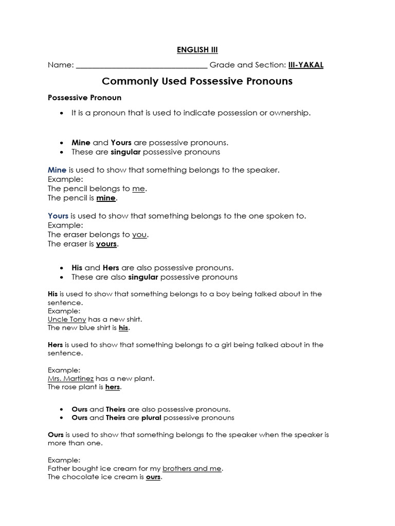 Grade 3 Possessive Pronouns Worksheet | PDF | Grammatical Number | Pronoun