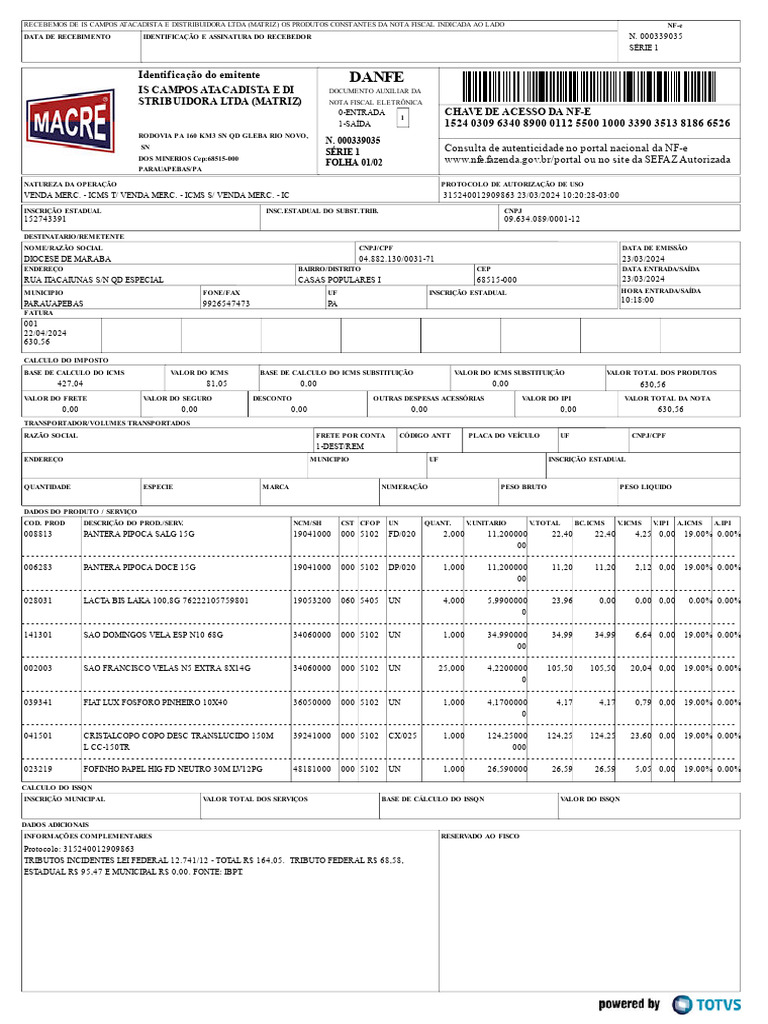 NF 339035 Diocese de Maraba | PDF | Recibo | Business