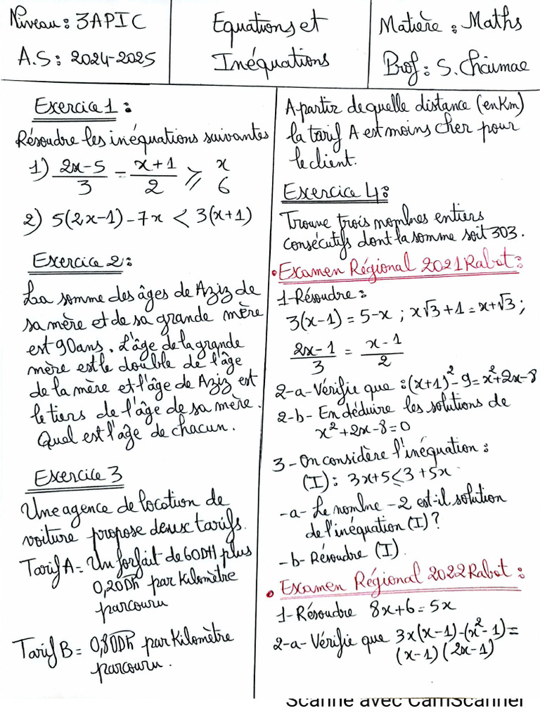 Exercices Sur Les Équations Et Inéquations | PDF