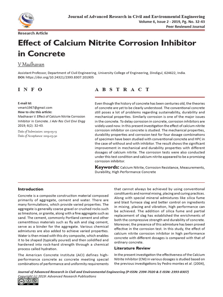 Effect of Calcium Nitrite Corrosion Inhibitor in Concrete | PDF ...