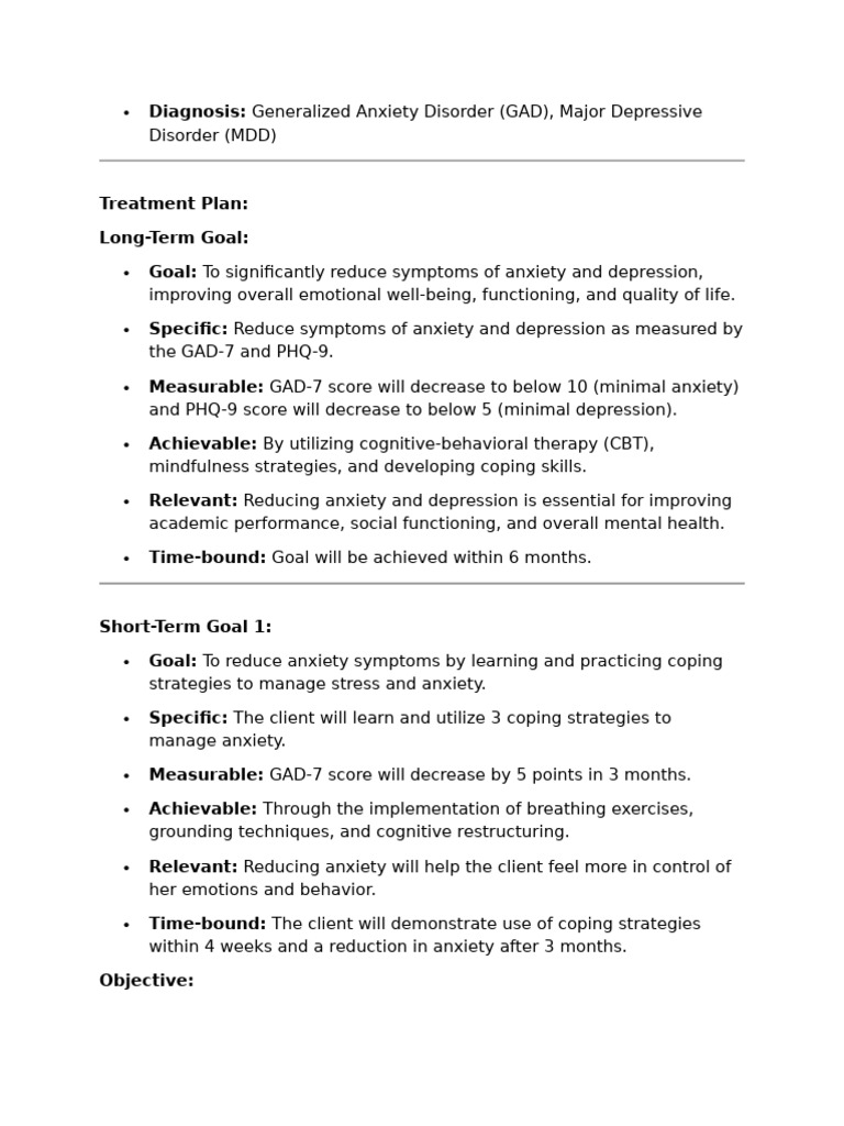 Anxiety and Depression Treatment Plan | PDF | Anxiety | Major ...