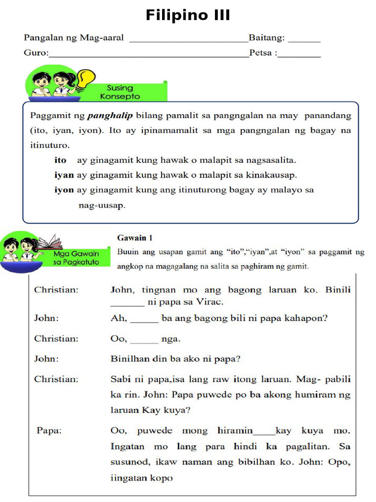 FILIPINO 3 - Panghalip (Ito, Iyan, Iyon) | PDF