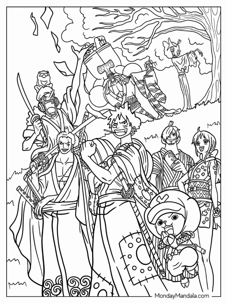 Detailed One Piece Straw Hat Crew Coloring Sheet | PDF
