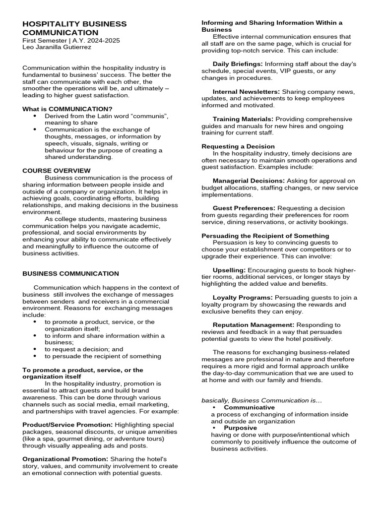 Lecture 1 Hospitality Business Communication | PDF | Communication ...