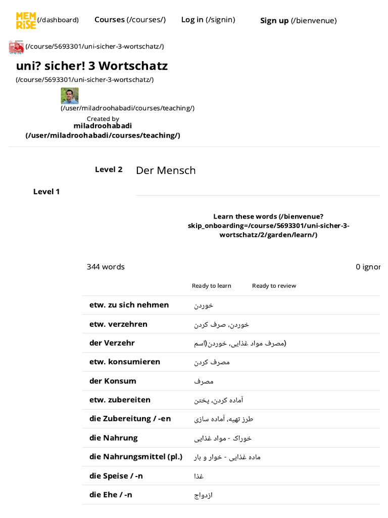 Level 2 - Der Mensch - Uni - Sicher! 3 Wortschatz - Memrise | PDF