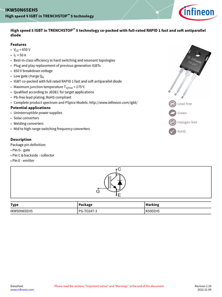 Infineon IKW50N65EH5 DataSheet v01 - 10 EN | PDF | Diode | Power Electronics