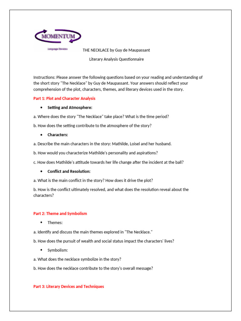 THE NECKLACE by Guy de Maupassant LITERARY ANALYSIS | PDF | Narrative ...