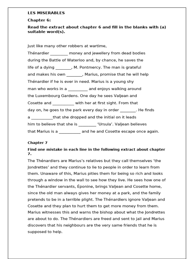 Les Misérables Chapter 6 & 7 Exercises | PDF