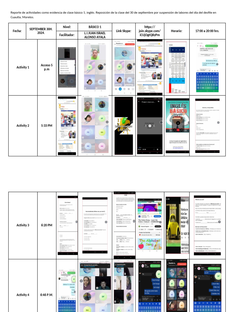 Reporte de Actividades Como Evidencia de Clase Básico 1 SEP 30TH 2024 | PDF