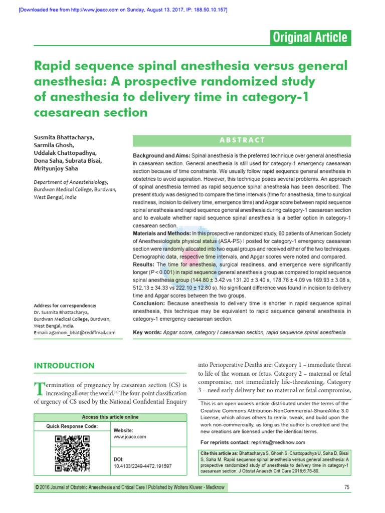Rapid sequence spinal anesthesia | PDF | Anesthesia | Caesarean Section