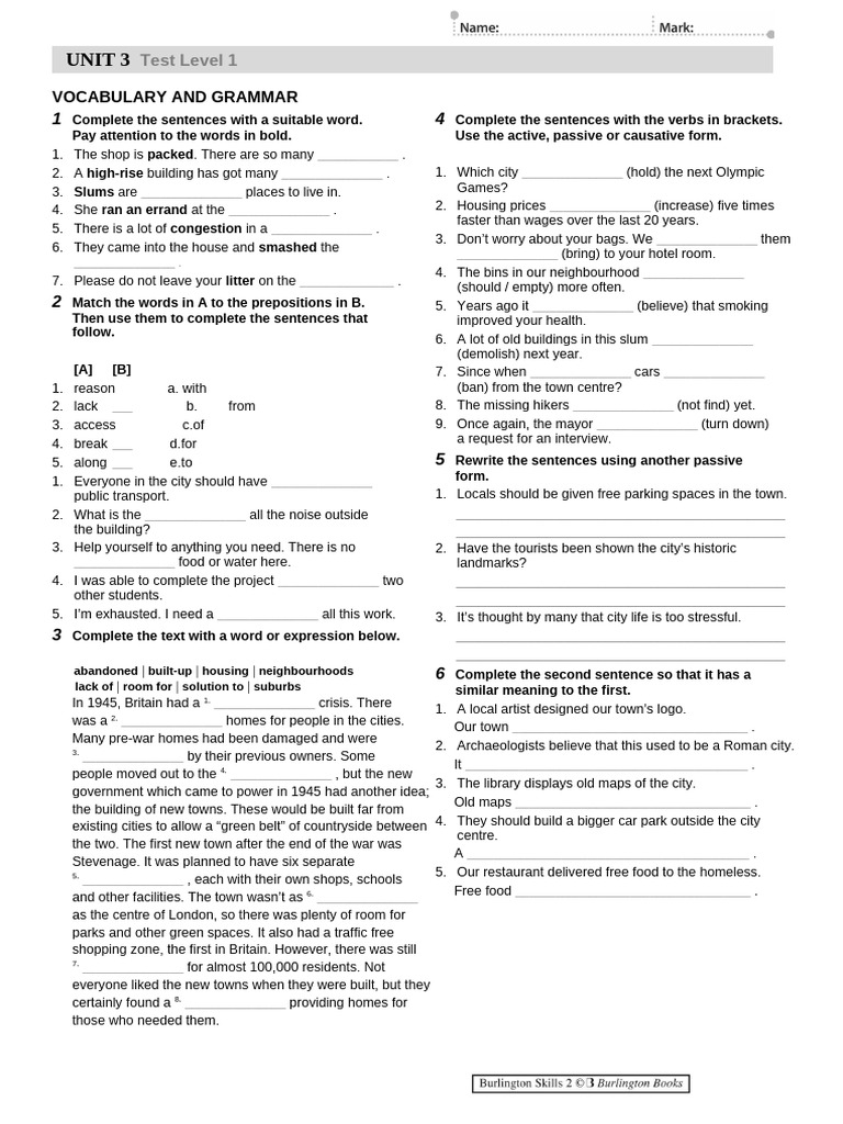 01skills2 U3 L1 Test VocabularyGrammar | PDF | Linguistics | Syntax