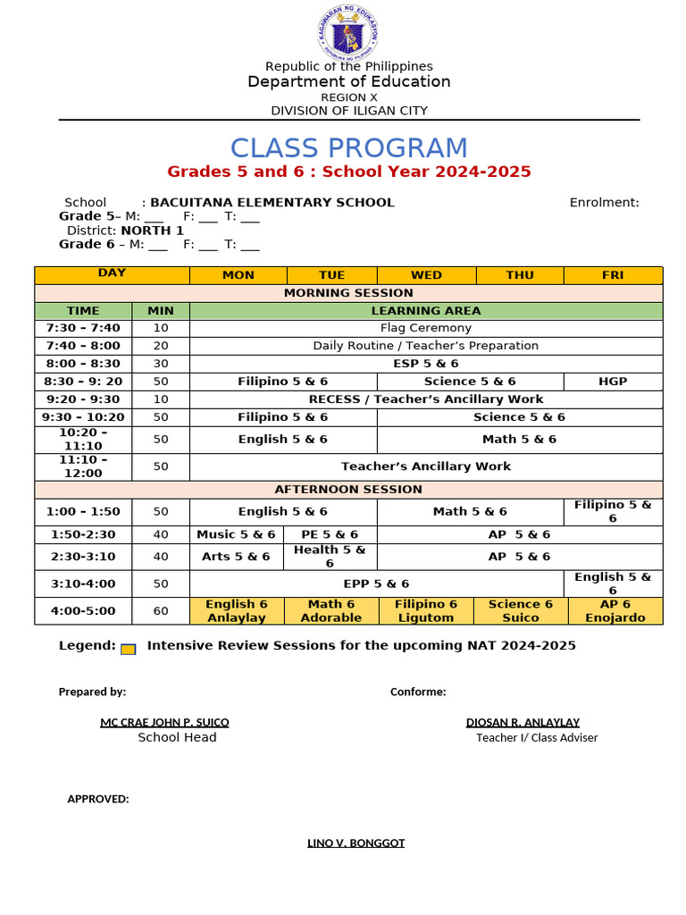 Bacuitana Elementary School Class Program | PDF