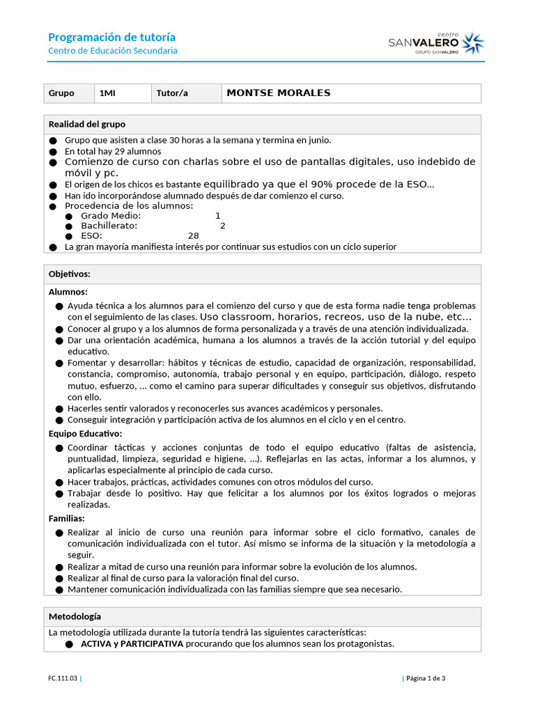 1MI - Programación de tutoría 2324 | PDF