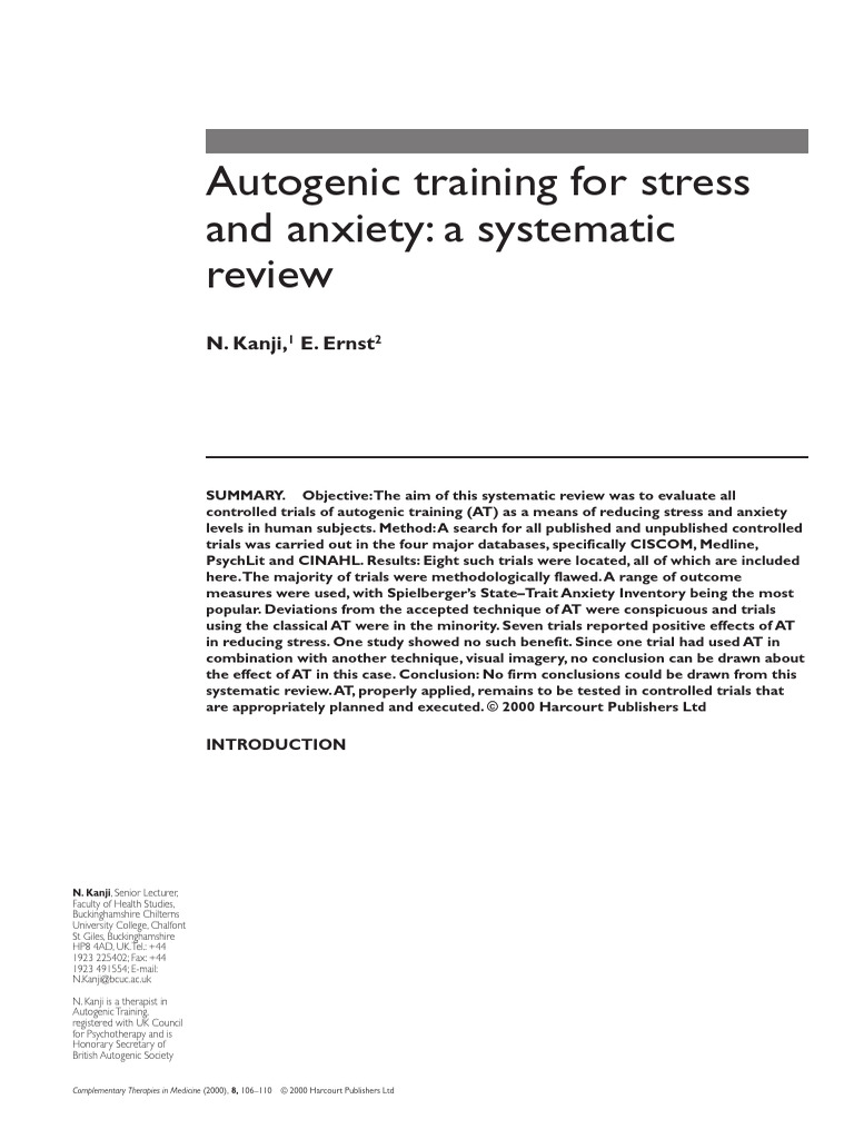 Autogenic Training for Stress Relief | PDF | Clinical Trial ...