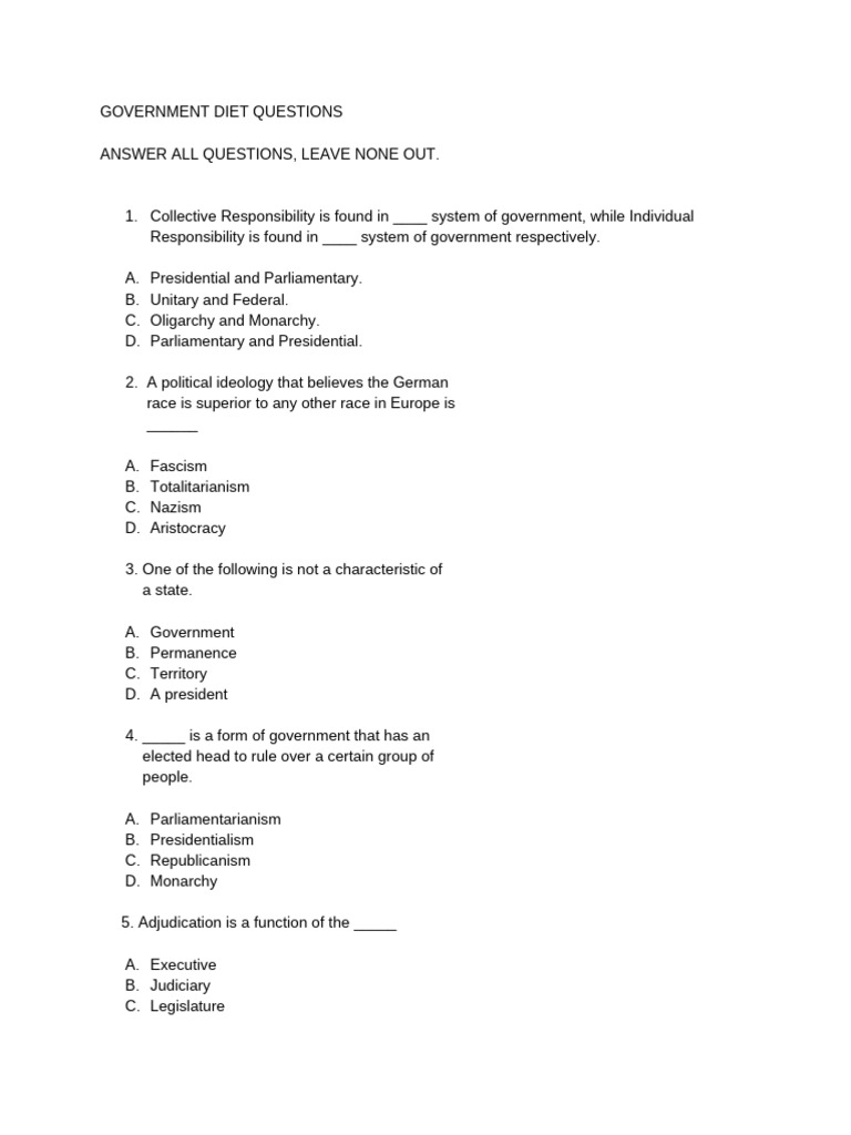 Government Diet Questions | PDF | Government | Constitution