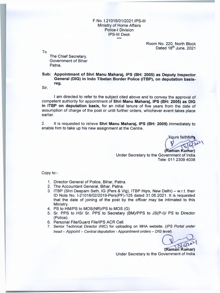Manu Maharaj Appointed as DIG in ITBP | PDF