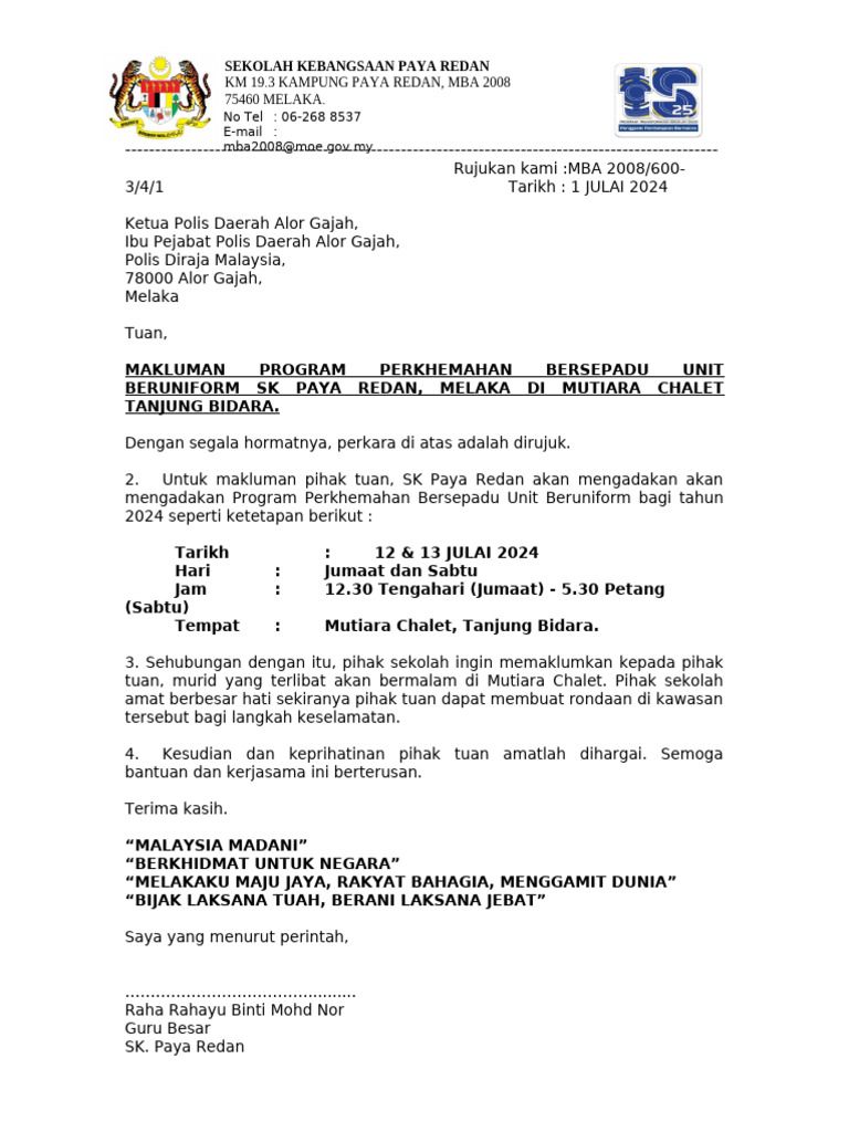 Surat Makluman Perkhemahan Kepada Polis Daerah | PDF