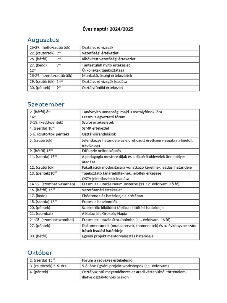 Eves Naptar 20242025 | PDF