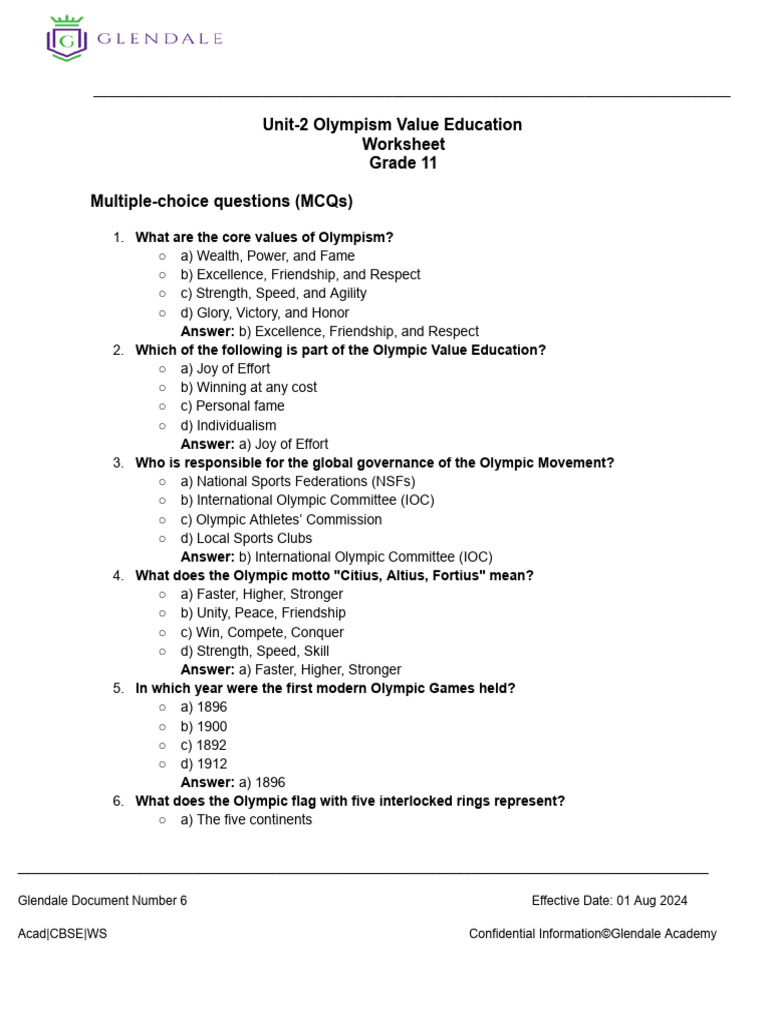 Unit-2 Olympism Value Education-Worksheet | PDF | Sports | Olympic Games