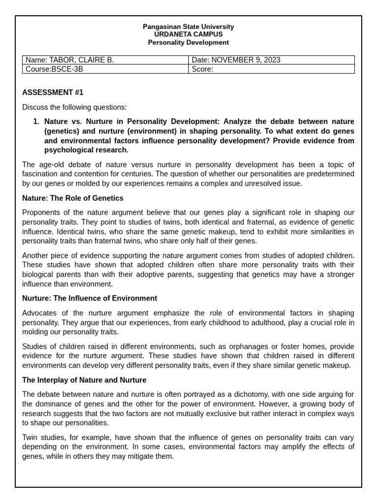 Activity 101 Personality Developement | PDF | Attachment Theory ...