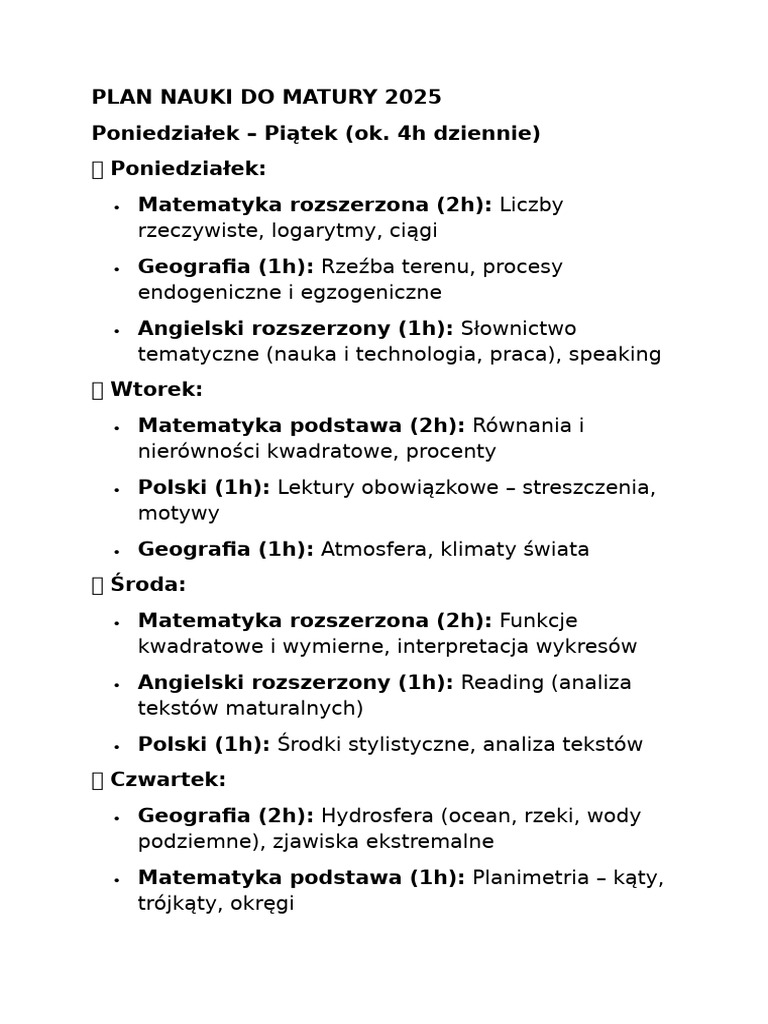 Plan Nauki Do Matury | PDF