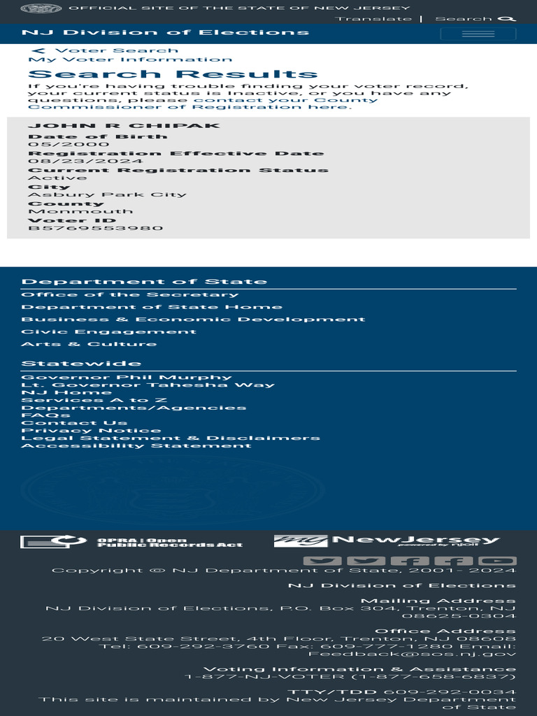 NJ DOS - Division of Elections - Voter Search Results | PDF