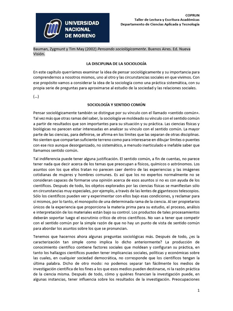 Pensar Sociológicamente según Bauman | PDF | Sociología | Pensamiento