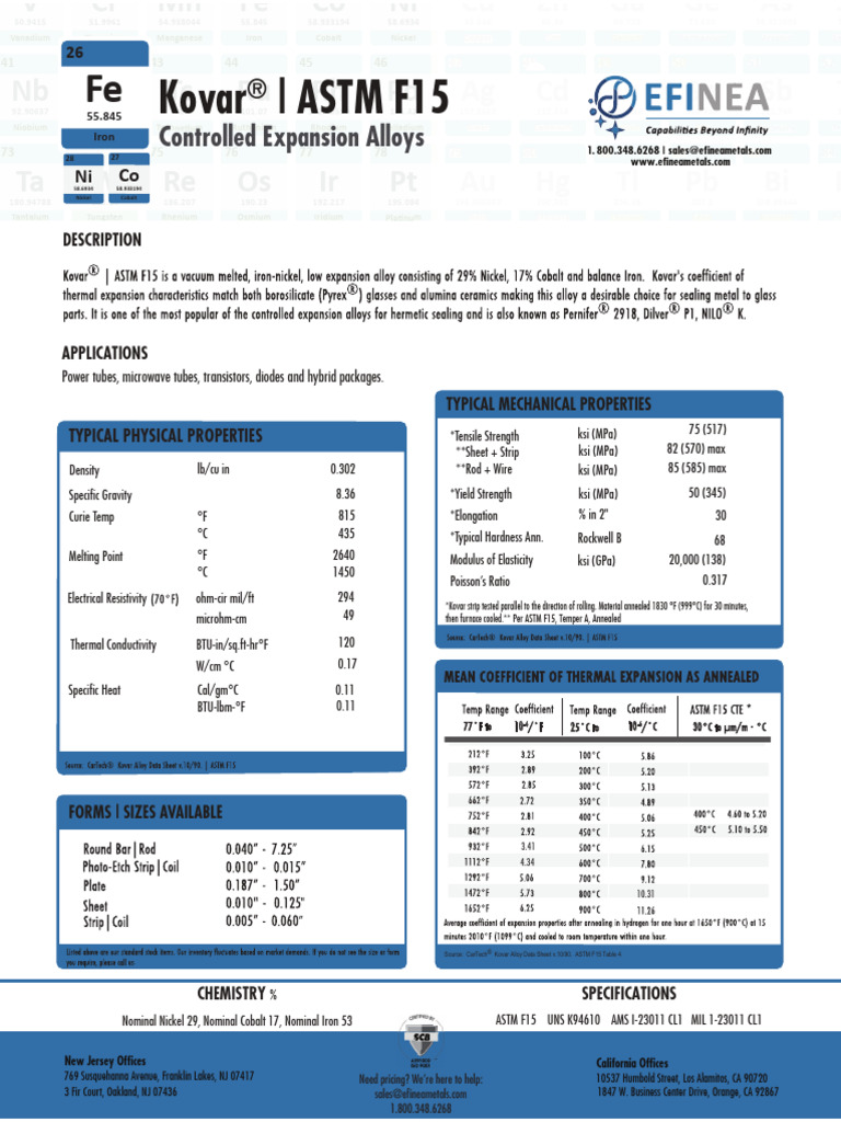 Kovar ASTM F15 Data Sheets 2024 | PDF | Sheet Metal | Metals