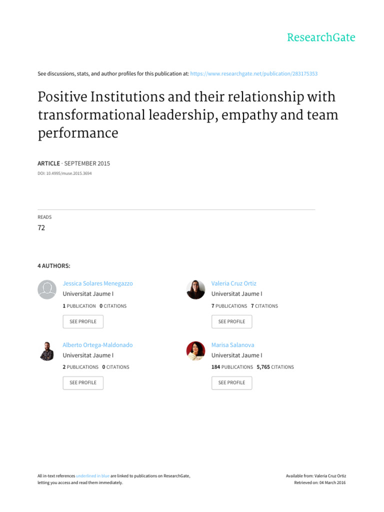 Positive Institution and Their Relationship With Transformational Leadership, Empathy and Team ...