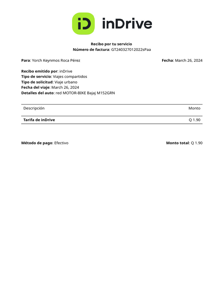 Recibo de Viaje Urbano en inDrive | PDF