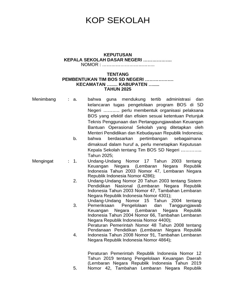 Format Draf SK TIM BOS Sekolah 2025 | PDF