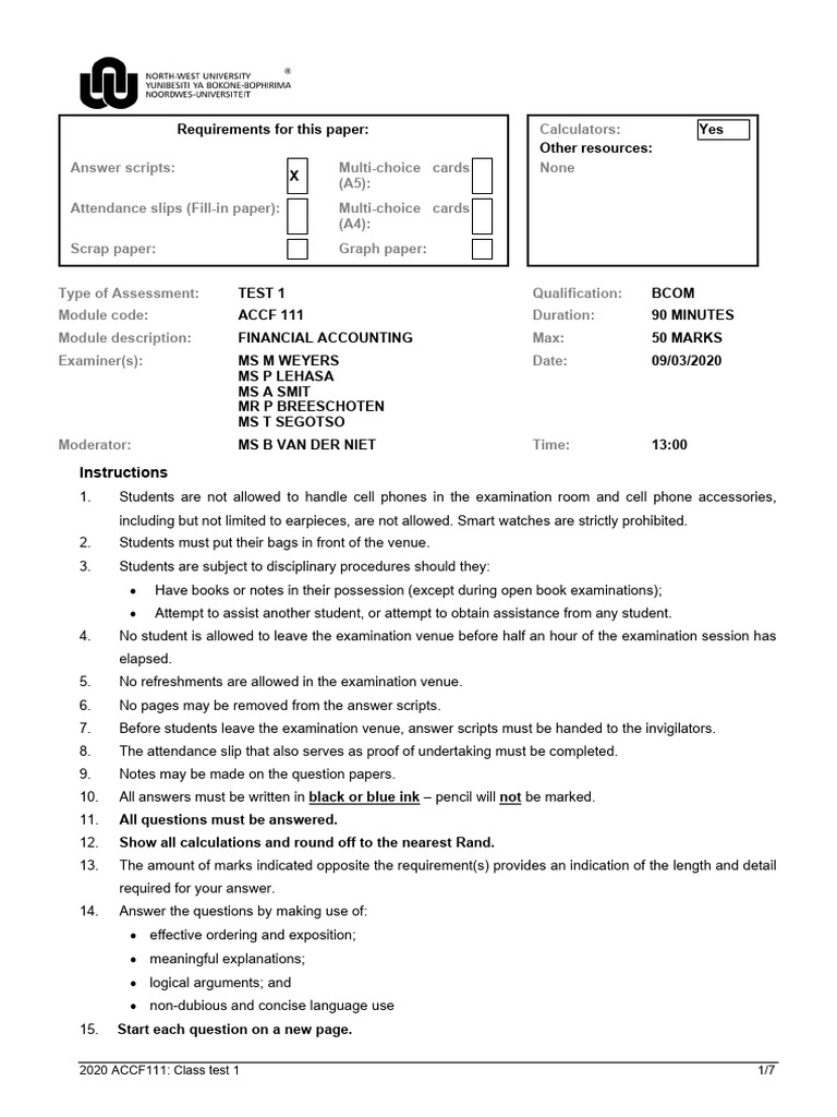 ACCF111 Test 1 Guidelines and Questions | PDF | Debits And Credits | Banks